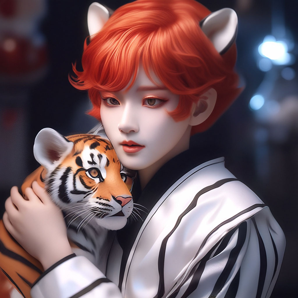"Chu Fei🍁 Asia. Korean. Porcelain boy, red hair, cat ears, neko, cat ...