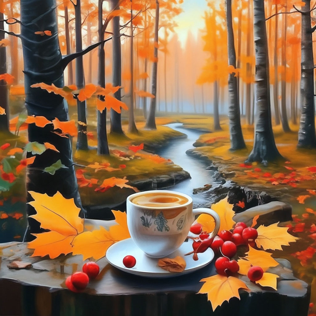 "Good morning, autumn forest , coffee" — image created in Shedevrum