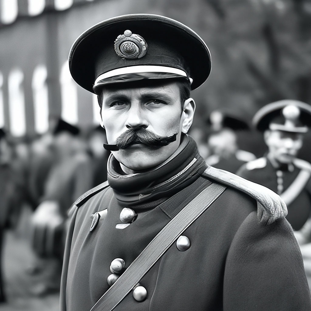 "An officer of the Russian Empire with a mustache, stands with a screw ...