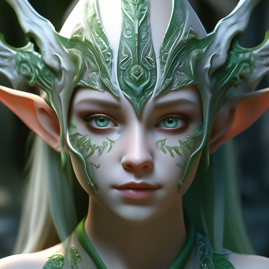 "The image is divided in half, one half is: the face of an elf girl ...
