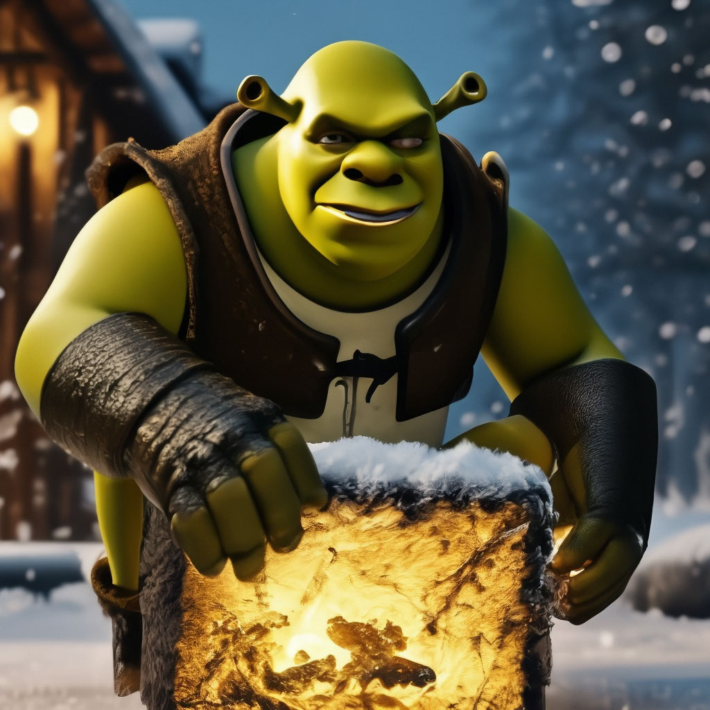 "Shrek attacks the cube in winter at night, beautiful, realistic ...
