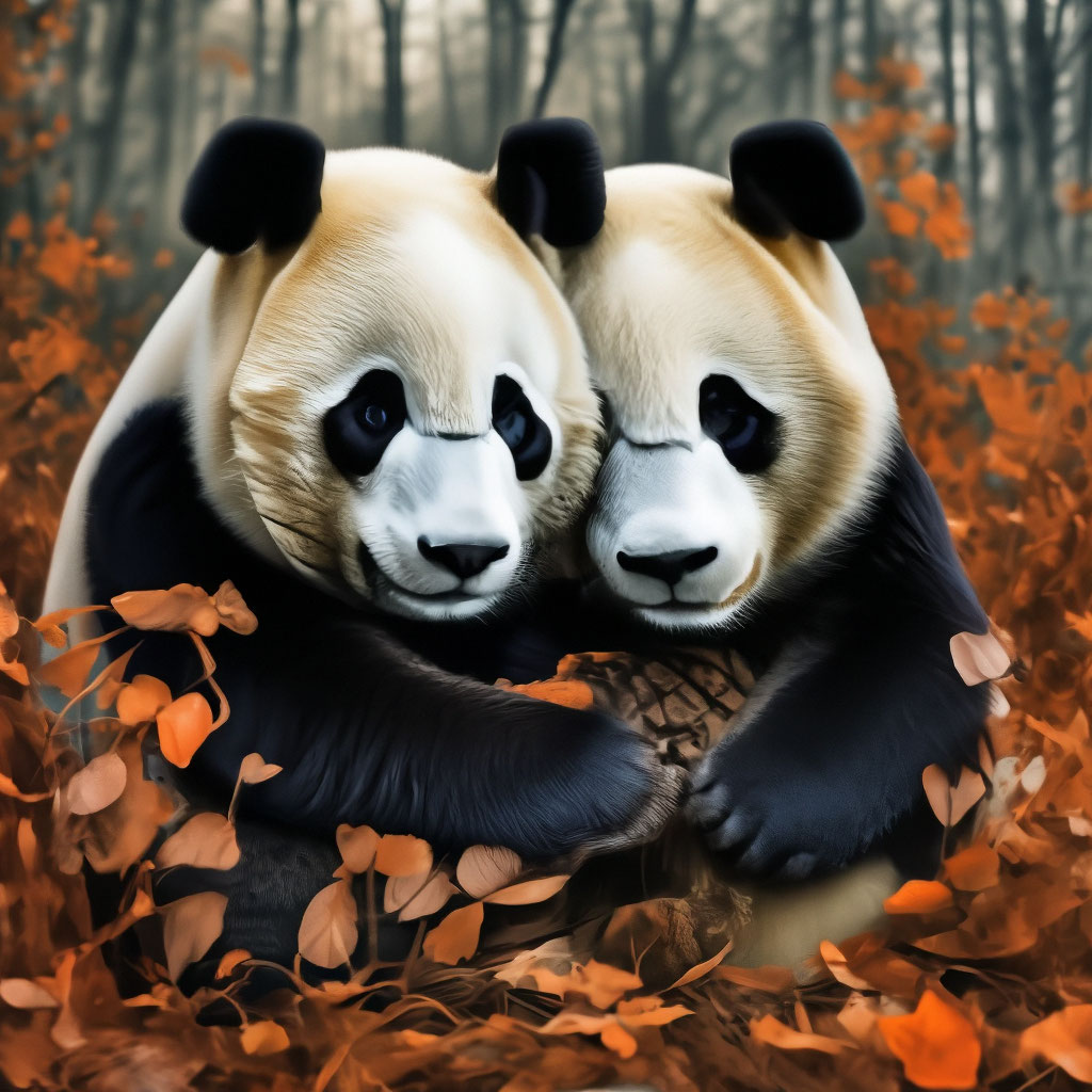 "Two pandas, cuddling,surrealism,overdetalization highly,double photo ...