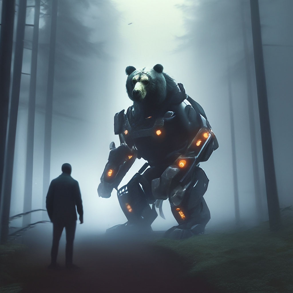 "Cyborg bear is standing on its hind legs in the forest, fog, opposite ...