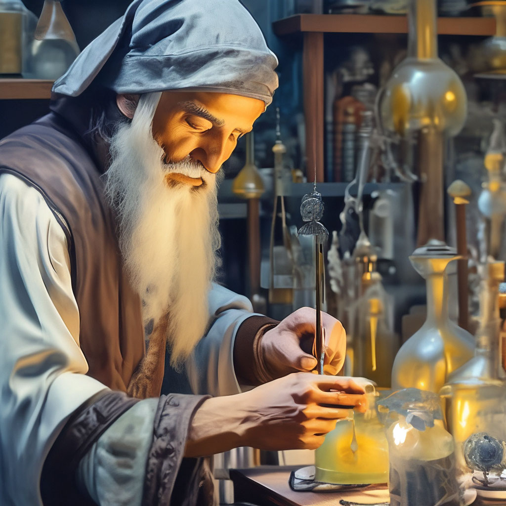 "Portrait of a medieval alchemist in his chemical laboratory, in the ...