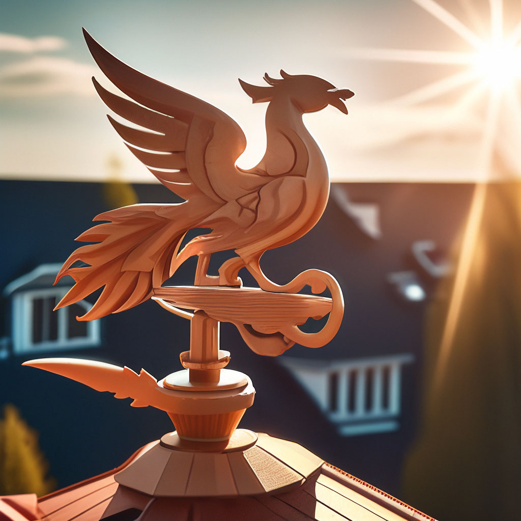 "Beautiful weather vane carved from wood on the roof of the house ...
