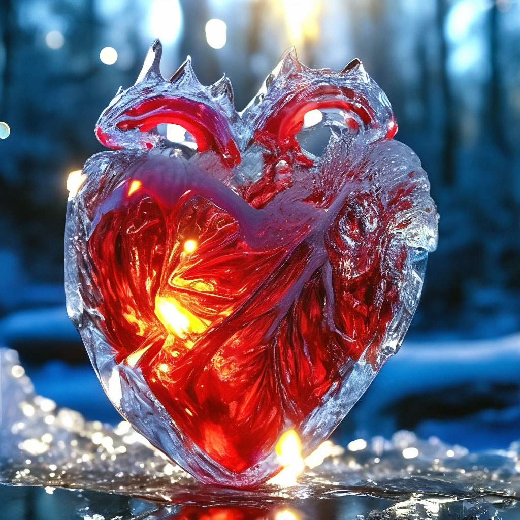"A heart on ice is red glass transparent inside in the shape of a heart ...