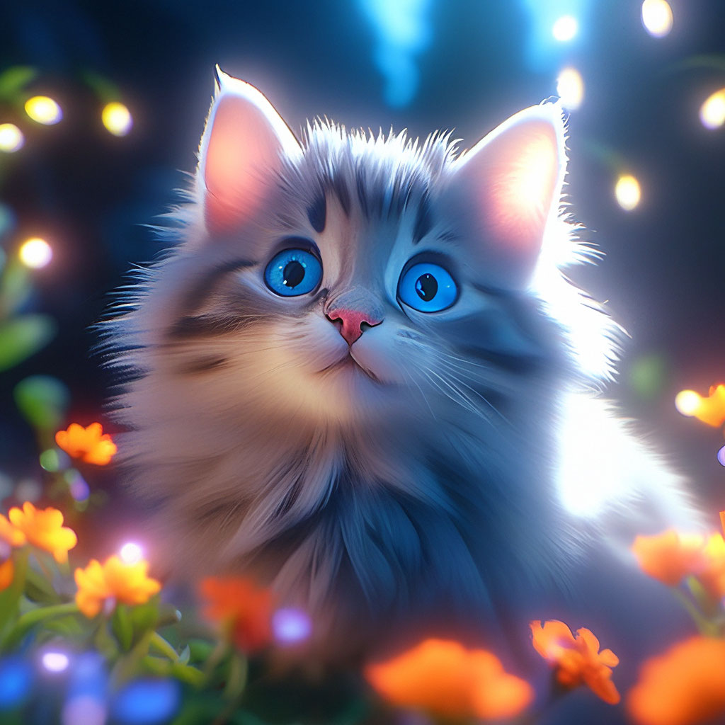"Cute dwarf fluffy cat,round ball of happiness,flowers and vines,tilted ...