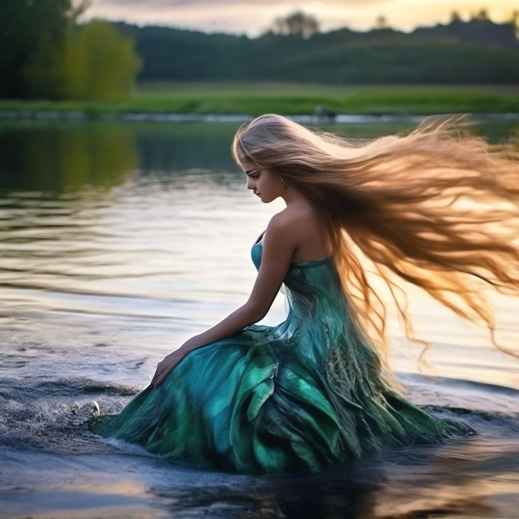"Mermaid, beautiful girl with loose hair, on the shore of a pond ...