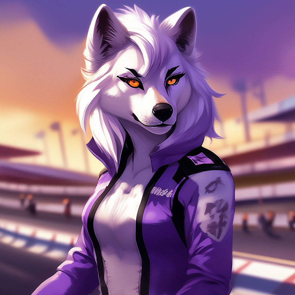 "Anthropomorphic wolf Roxy Wolf, girl, purple fur, white hair, shooting ...