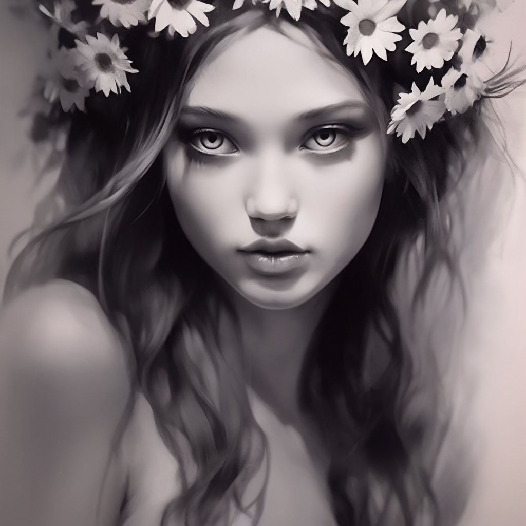 "Girl,nereid beautiful, daisy wreath , wet watercolor drawing, photo ...