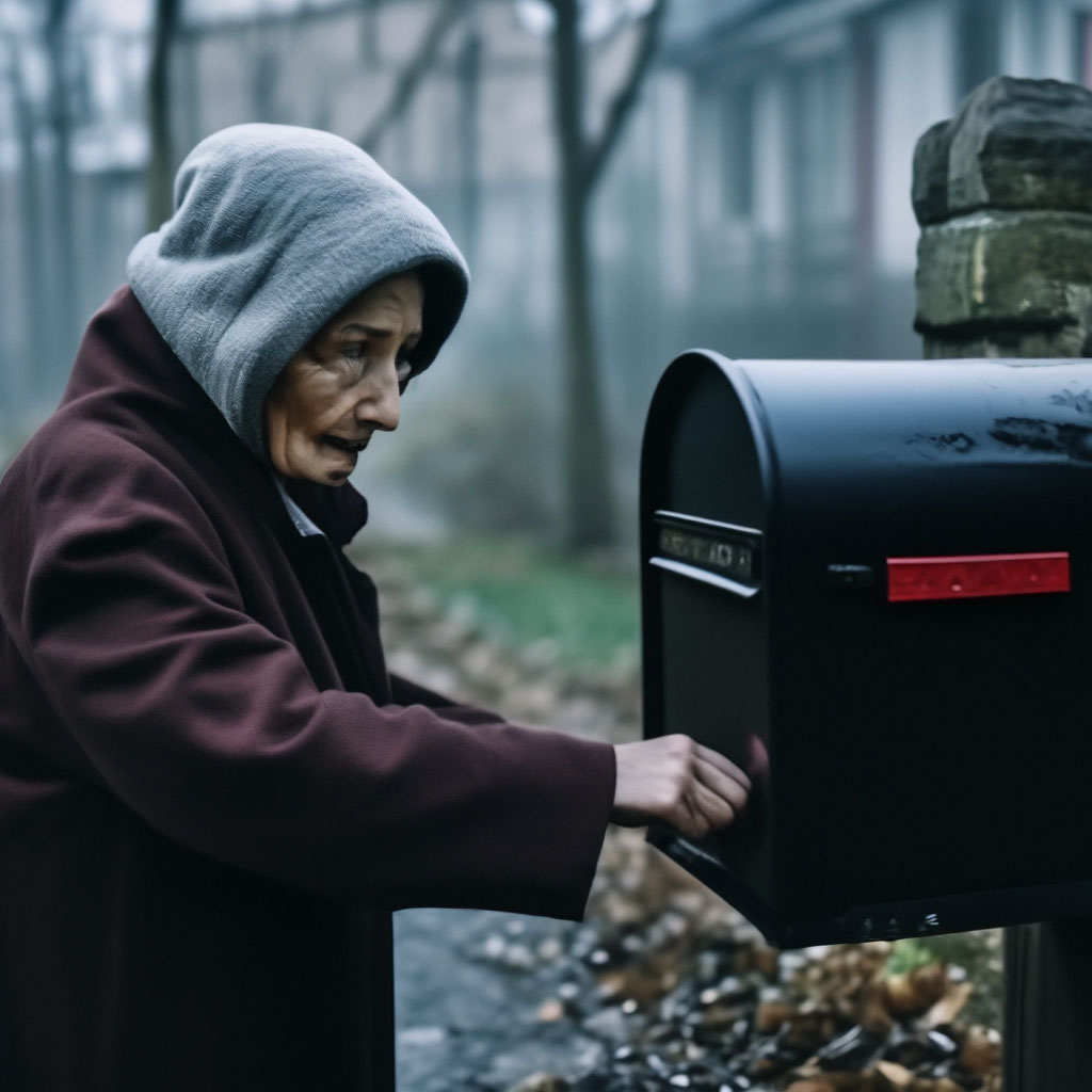 "An elderly woman takes mail out of a mailbox,cinematic,panoramic view ...