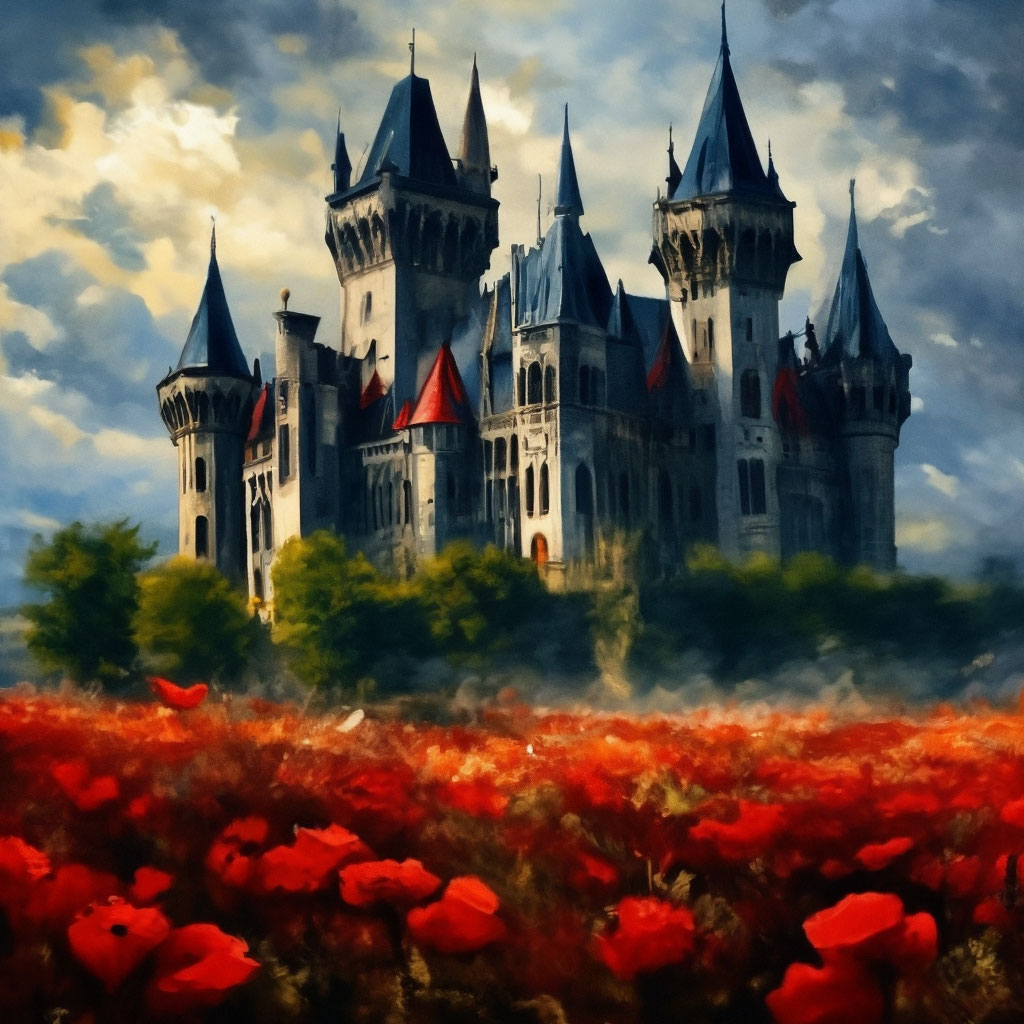 "Gothic-style castle in poppies, impressionism" — image created in ...