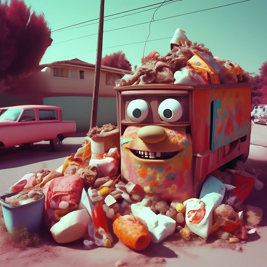 "Animated anthropomorphic garbage" — image created in Shedevrum
