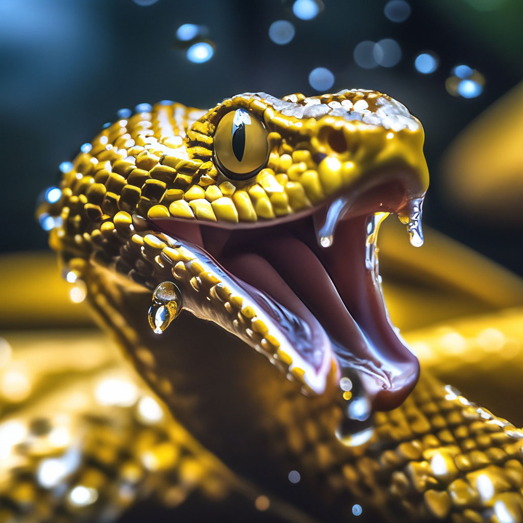 "A shiny golden snake stands with its mouth open, raindrops, splashes ...