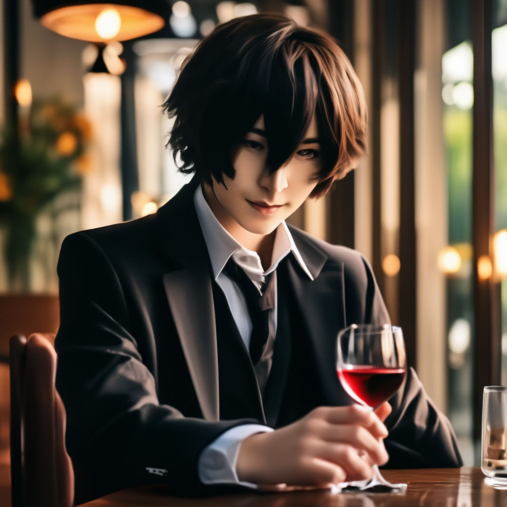 "𝙾𝚜𝚊𝚖𝚞 𝙳𝚊𝚣𝚊𝚒~ Osamu Dazai from Stray Dogs, sitting in a restaurant ...