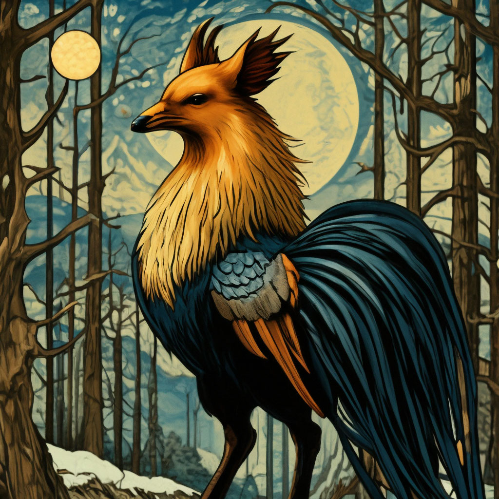 "The style of Ivan Bilibin. Night, moon in profile , stars, forest, fox ...