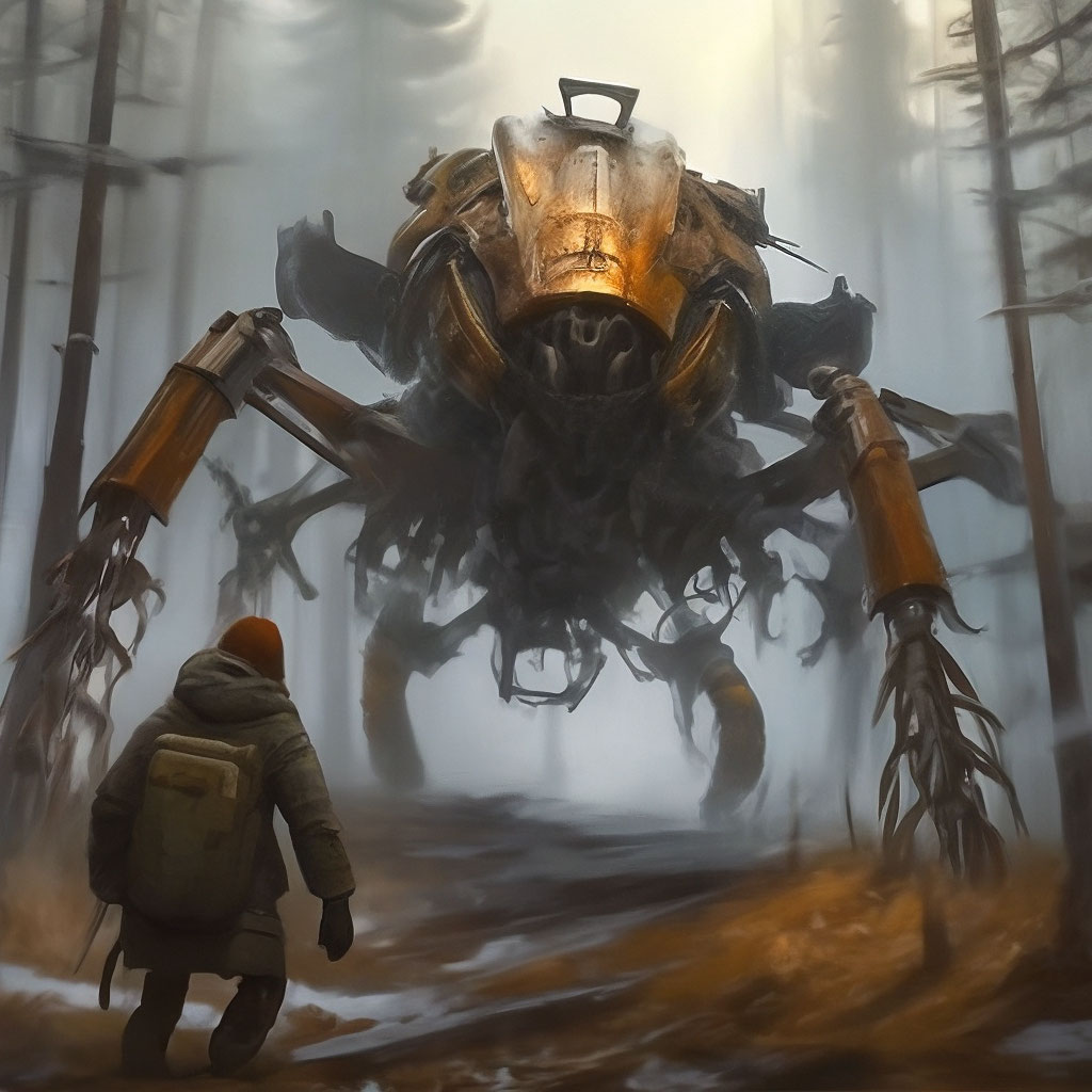 "Big mechanical rusty strider hunting people in the Siberian forest ...