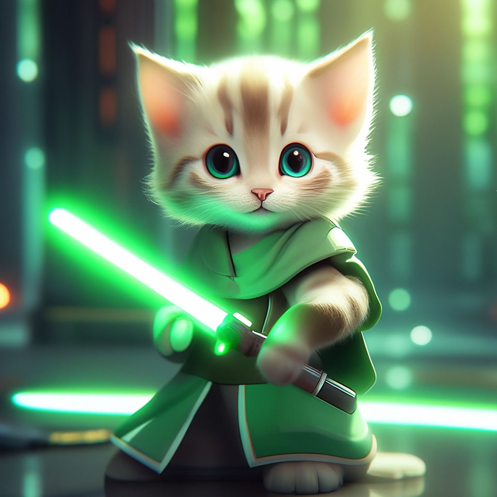 "Cute little kitten! A jedi with a green sword, cute big eyes, 4k high ...