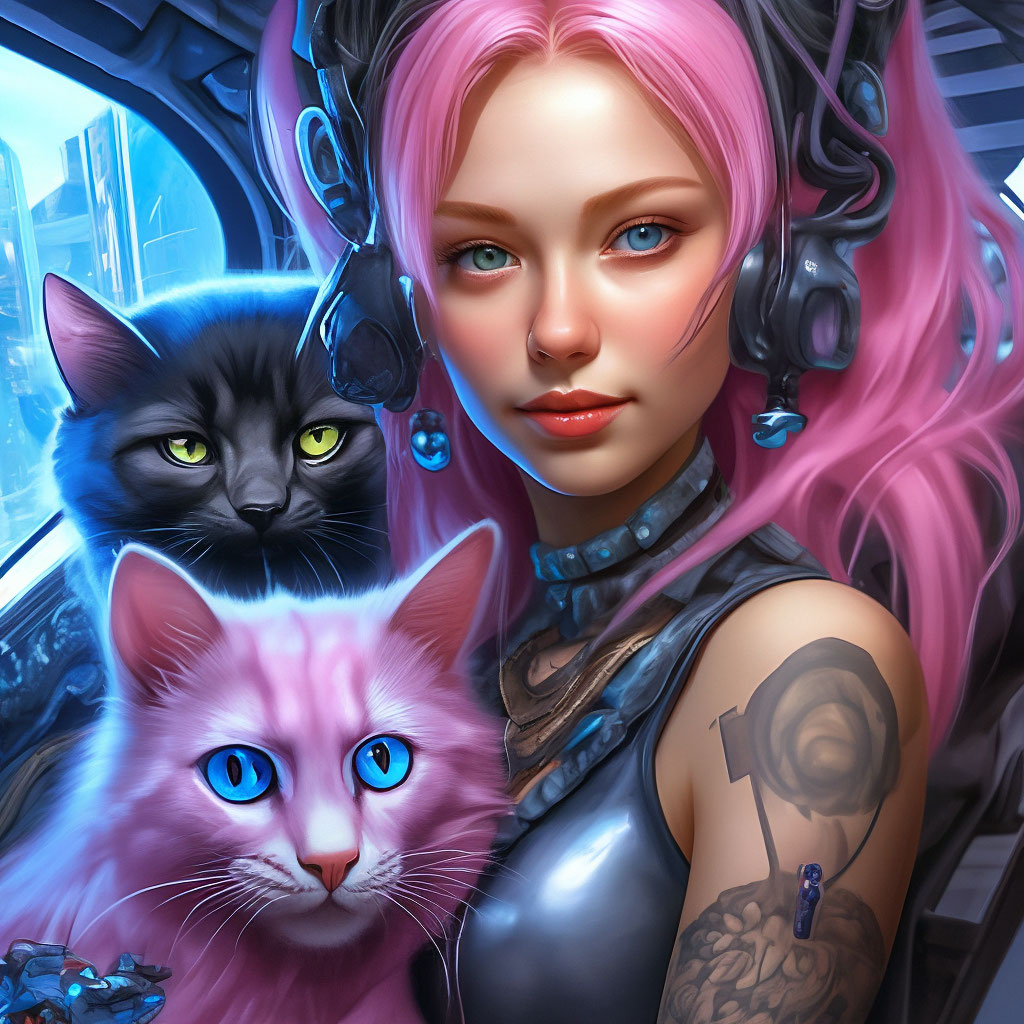 "Fantasy, surrealism, detailing, cyberpunk, cyber cat and cyber crow ...