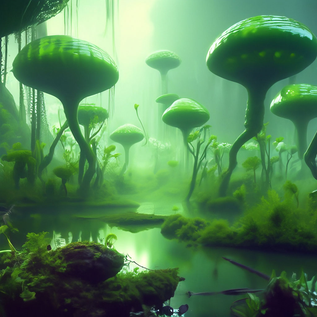 "Alien swamp of giant bubbly plants in a green mist" — image created in ...
