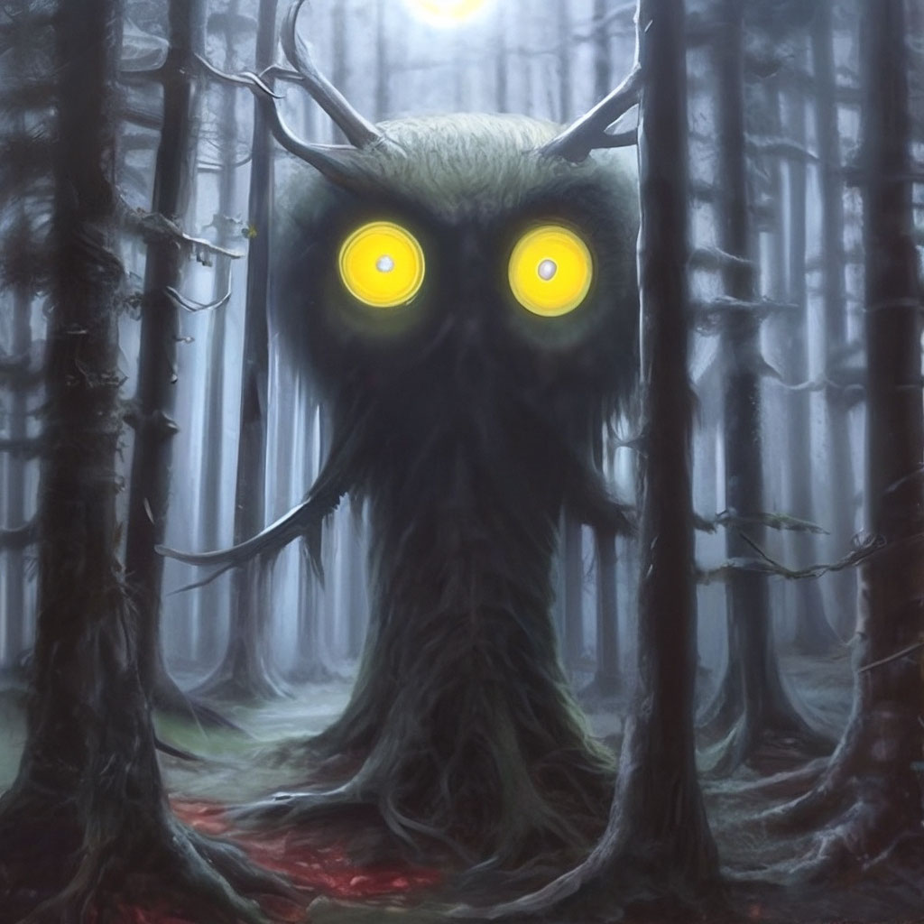 "A dark dense forest, The fir tree looks with big yellow eyes, the fir ...