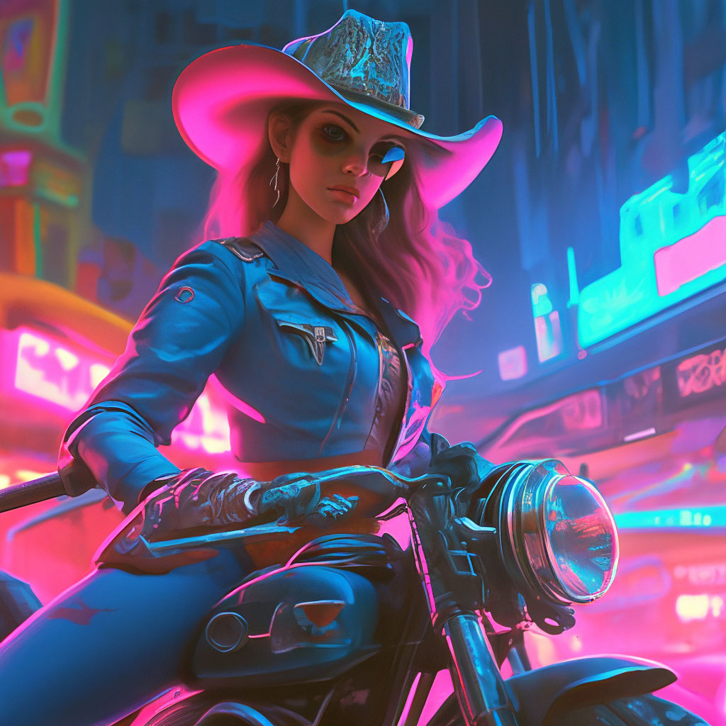 "Cowboy girl on a motorcycle, hyperrealism" — image created in Shedevrum