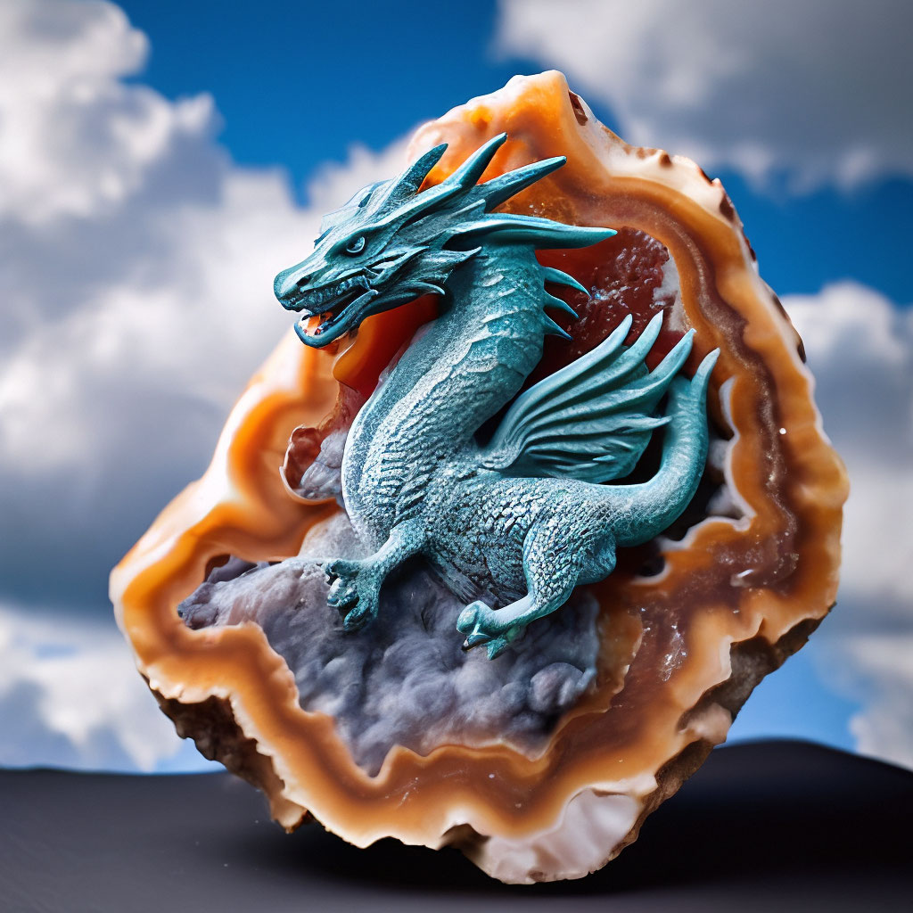 "The jasper geode on the cut shows the image of a dragon flying in the ...