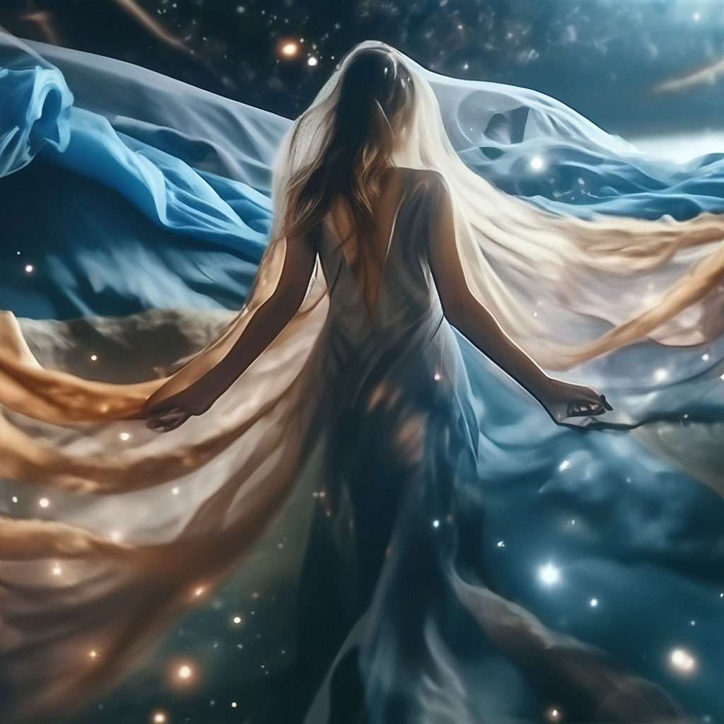 "Photorealism, weightless girl galactic veil organza tulle interweaving ...