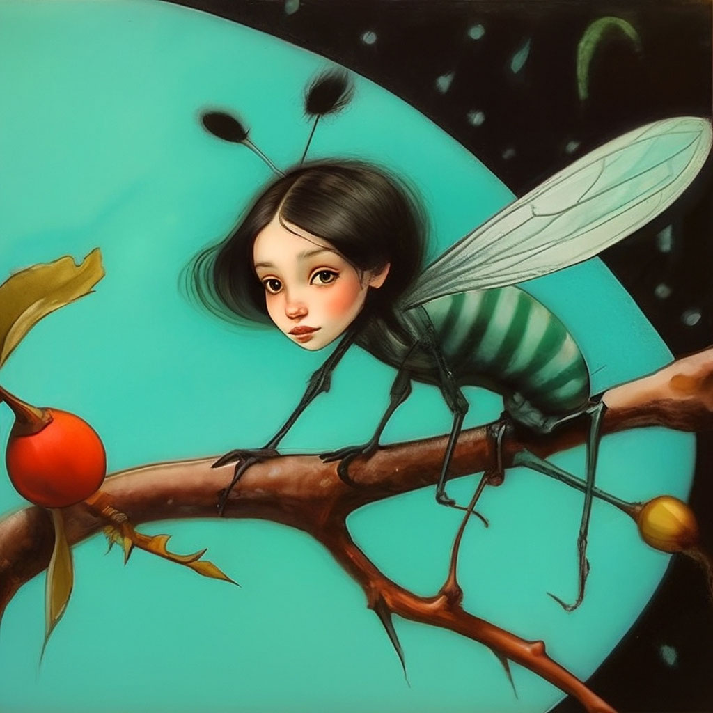 "Children's drawing, an anthropomorphic fly-a girl sits on a rosehip ...