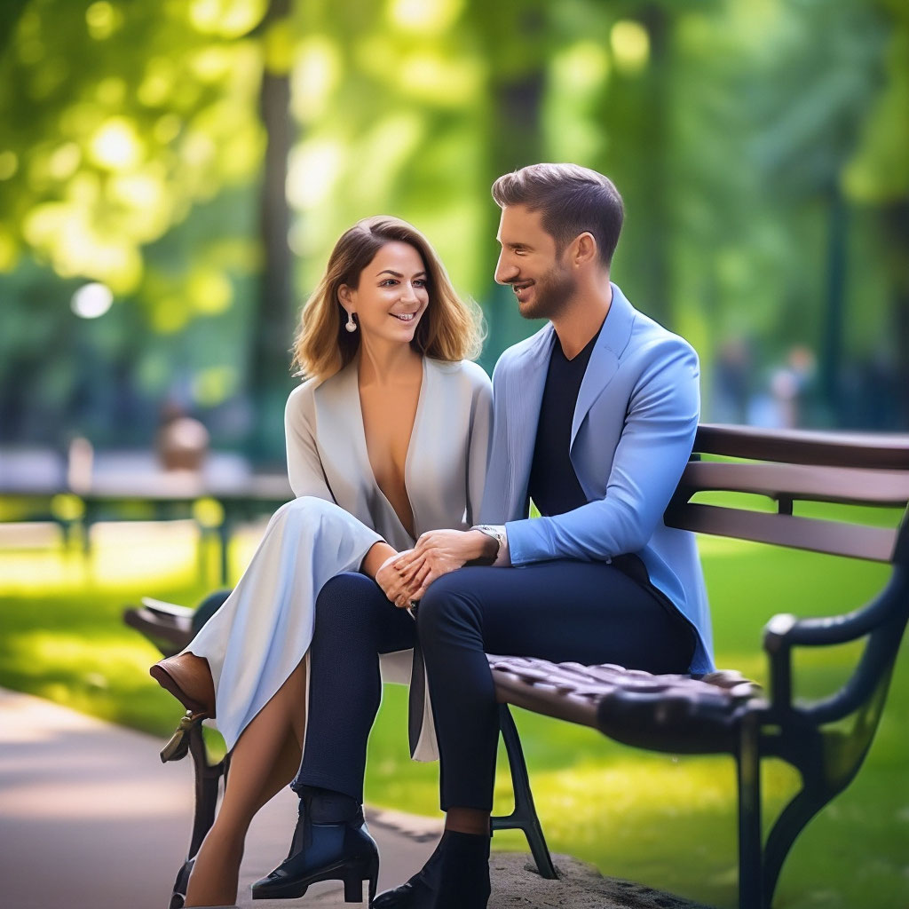 "Intelligent couple in the park on a bench, aesthetically pleasing ...