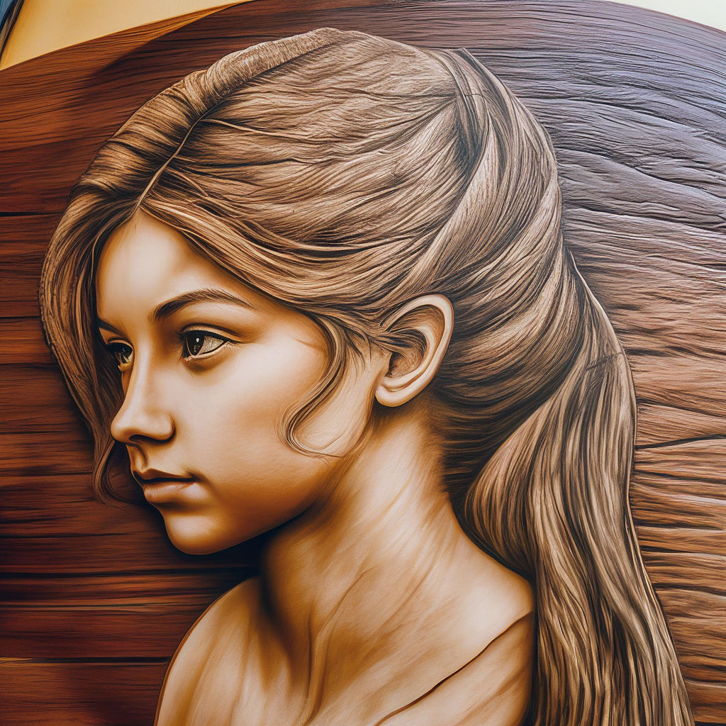 "Pyrography of a girl on a wooden board, the texture of wood is visible ...