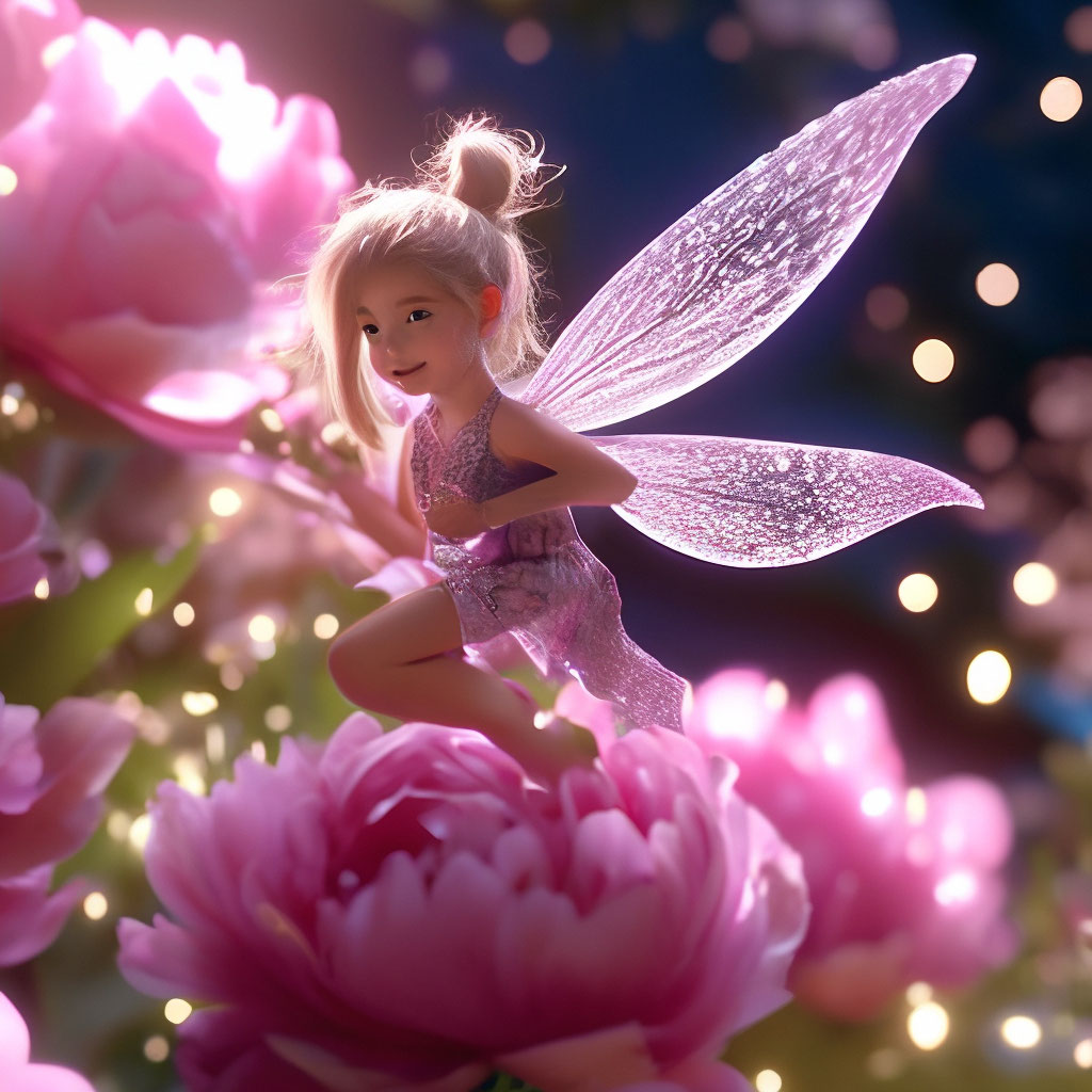 "🌸🌸🌸 a tiny pixie dragonfly girl flies over a bouquet of peonies, an ...