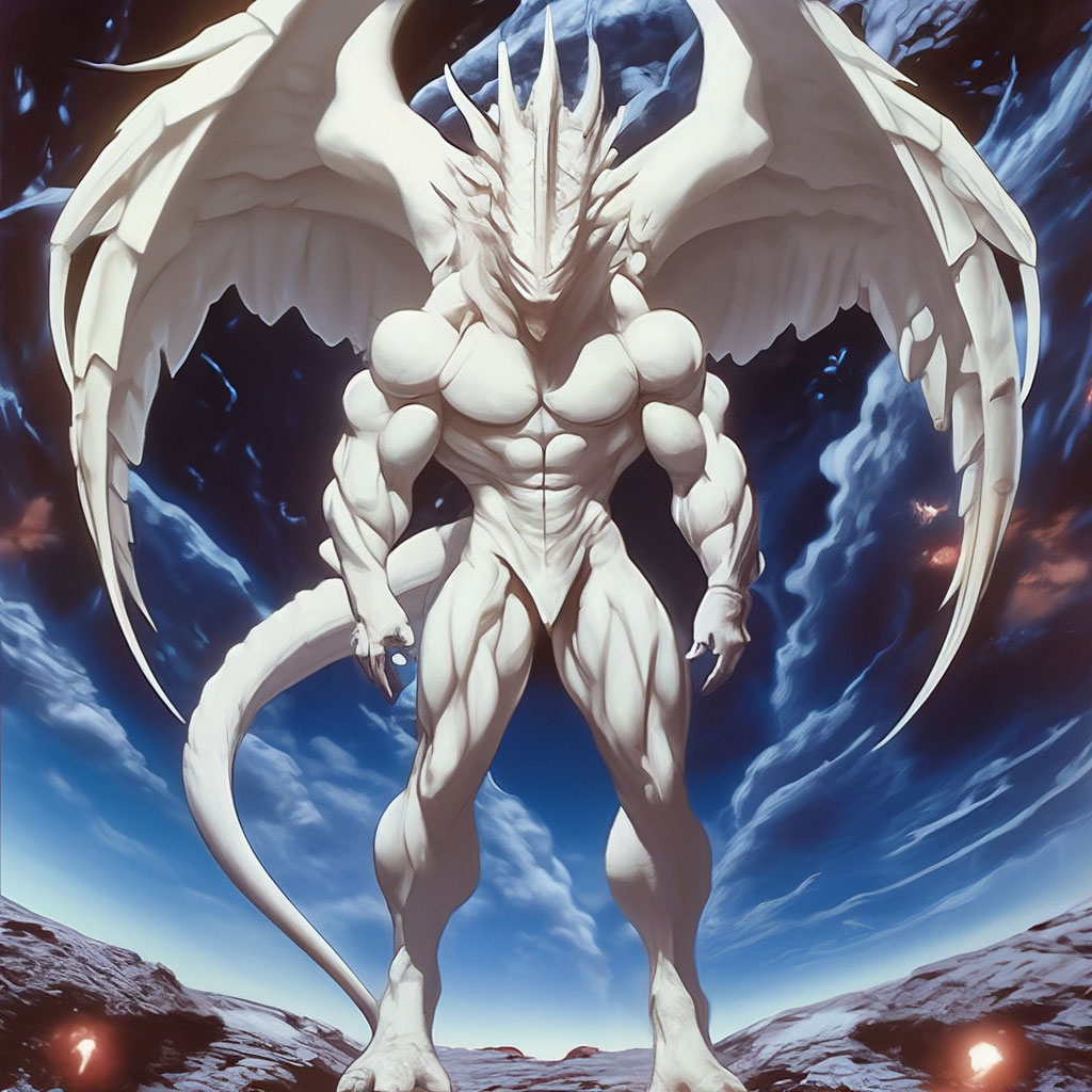 "Anime. epic. a huge anthropomorphic white half dragon, half man, half ...