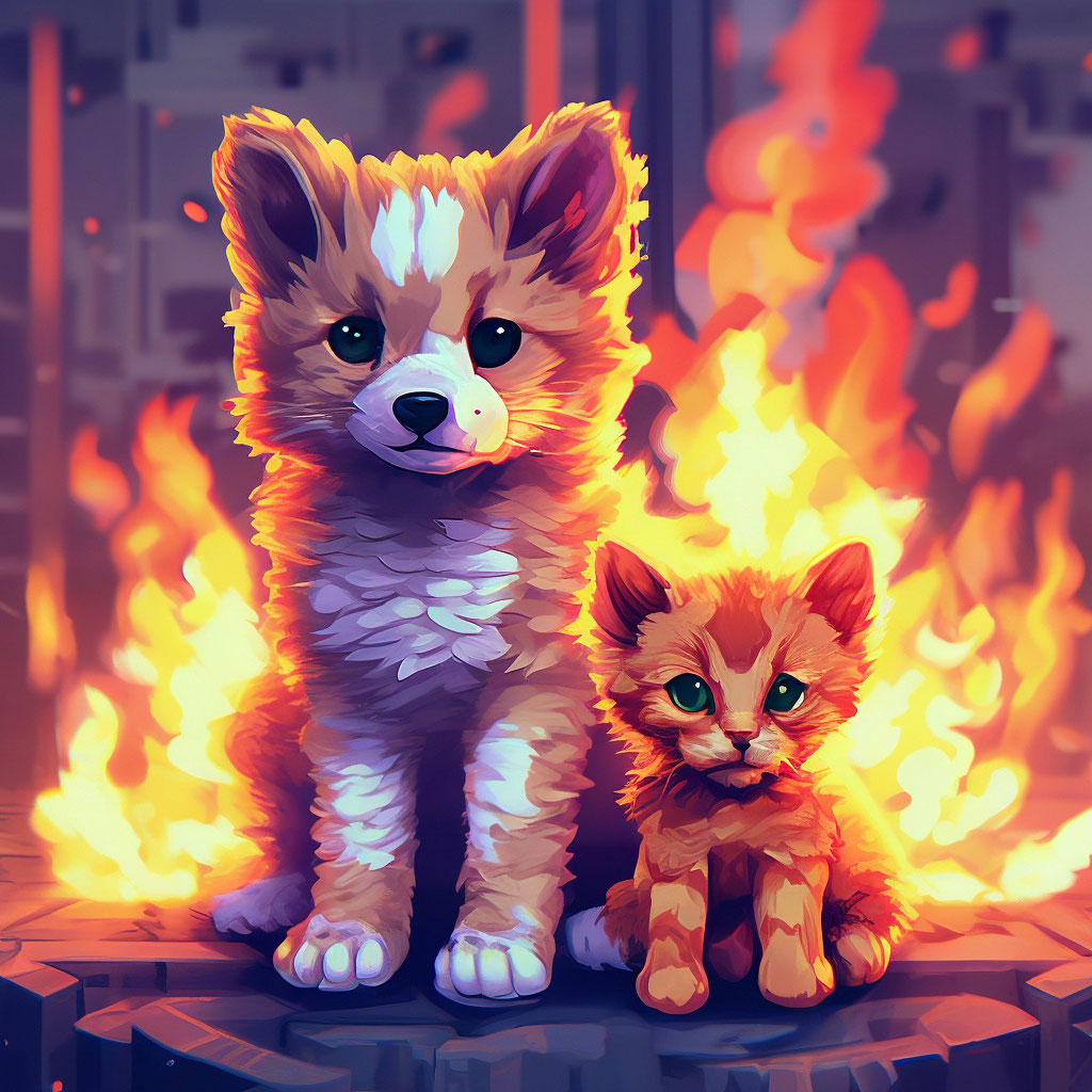 "Fire kitten and puppy" — image created in Shedevrum