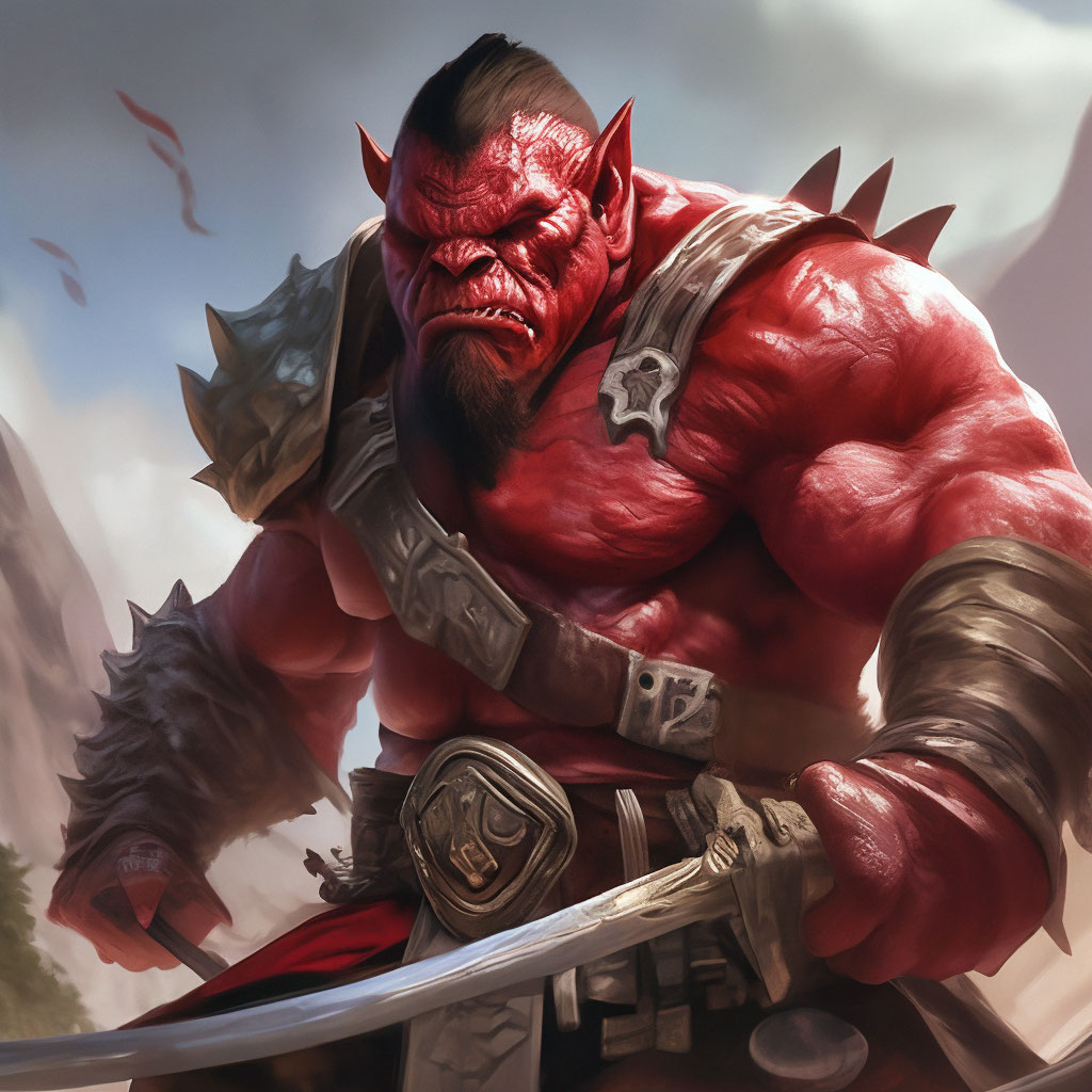 "A huge red orc with a sikira" — image created in Shedevrum