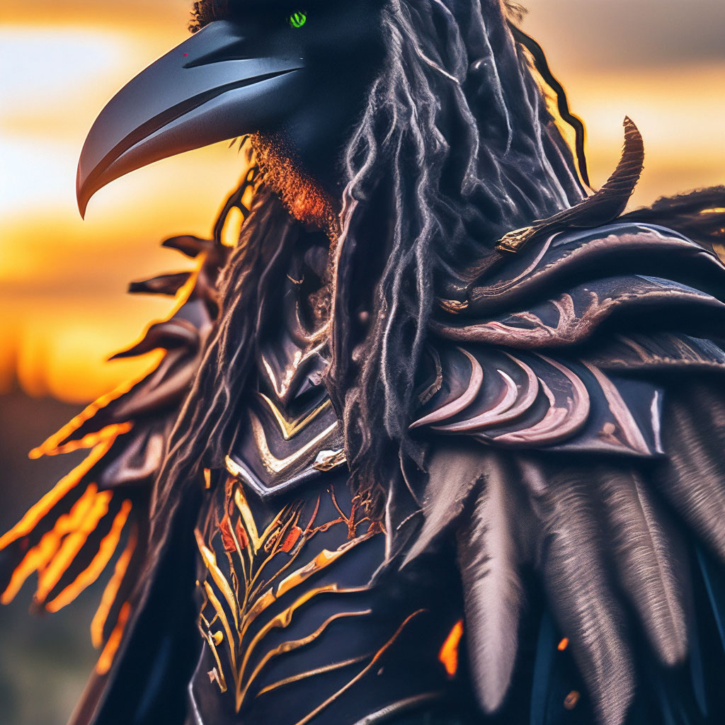 "Scary raven, dreadlocks, armor , fangs, feather cloak, wings, horror ...