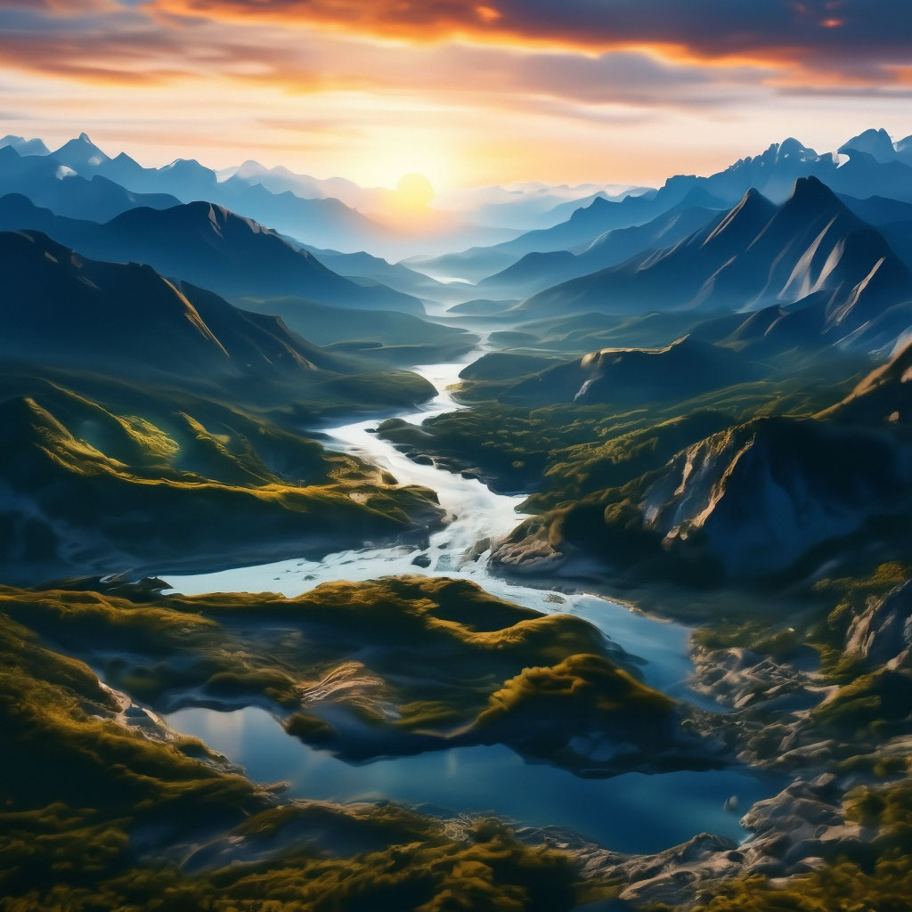 "A megarealistic image of the morning landscape, photographed from a ...