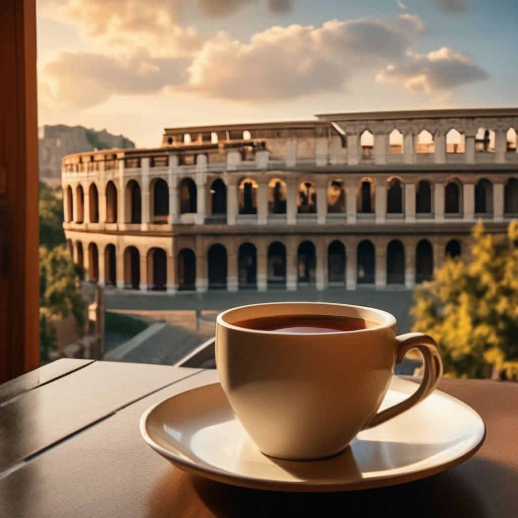 "A cup of tea at a table in the morning at the Colosseum in Rome ...