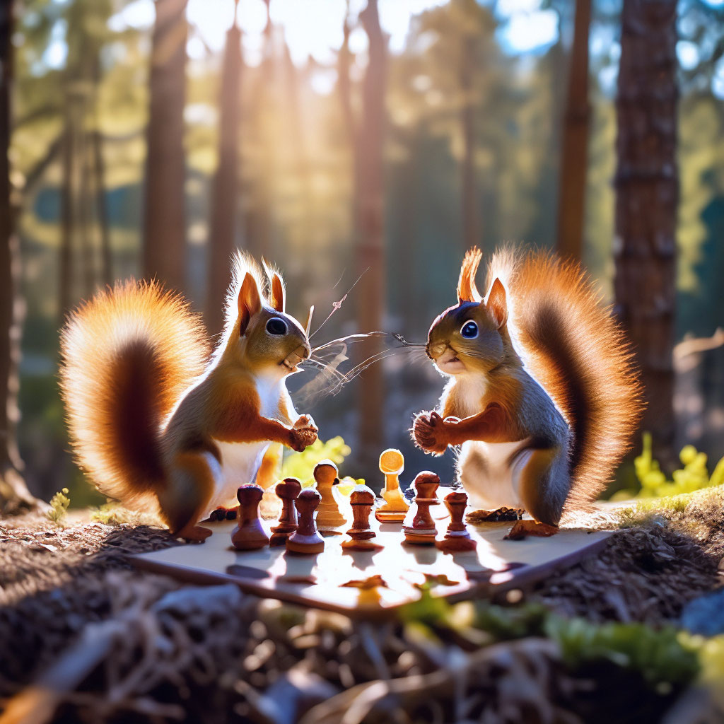 "Two squirrels playing chess, forest, sunny sky" — image created in ...