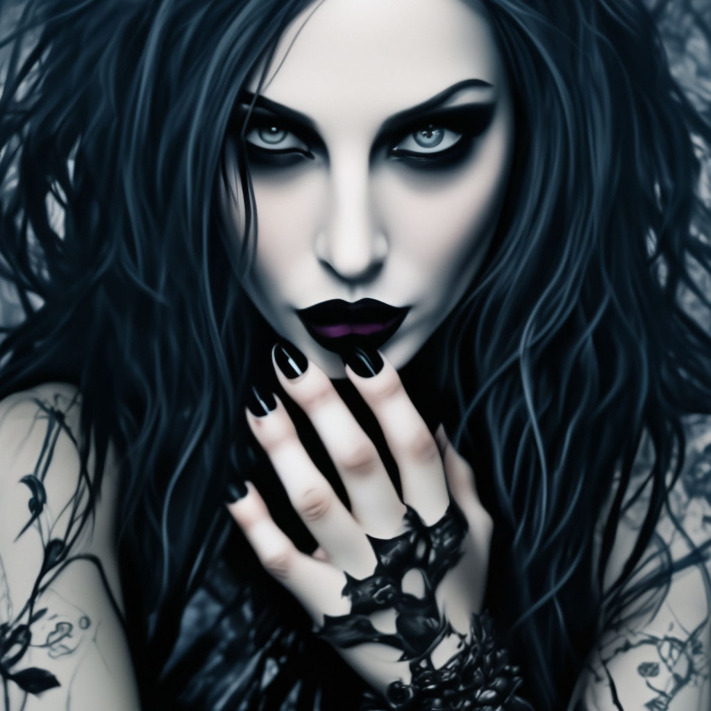 "Goth vamp black lipstick long nails and horns pop art, digital art ...