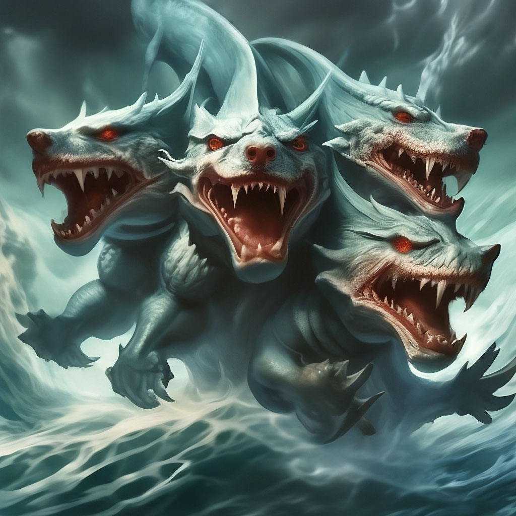 "Poseidon's Cerberus in the form of a three-headed shark" — image ...