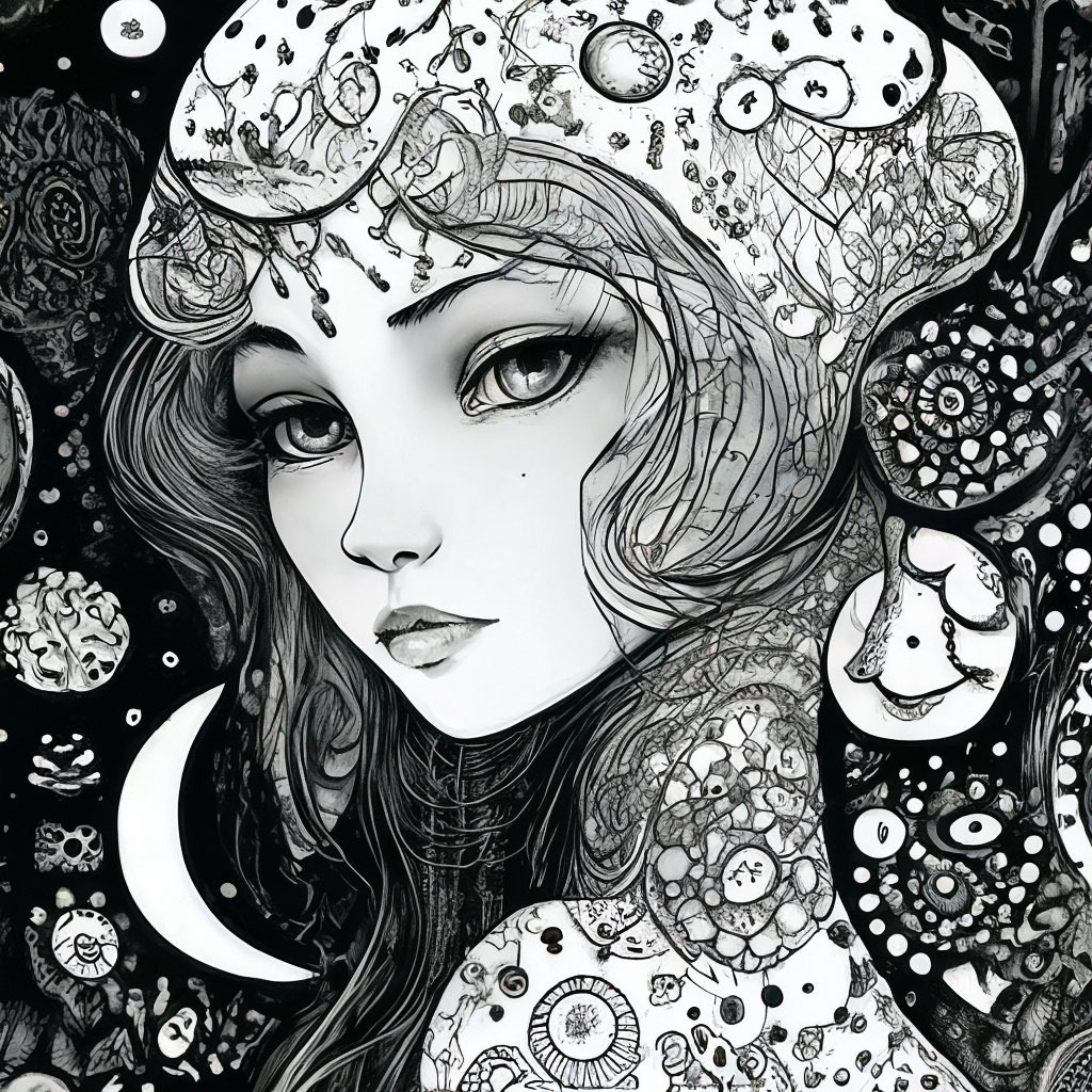 "Crescent girl in the doodling technique of dots circles and doodle ...