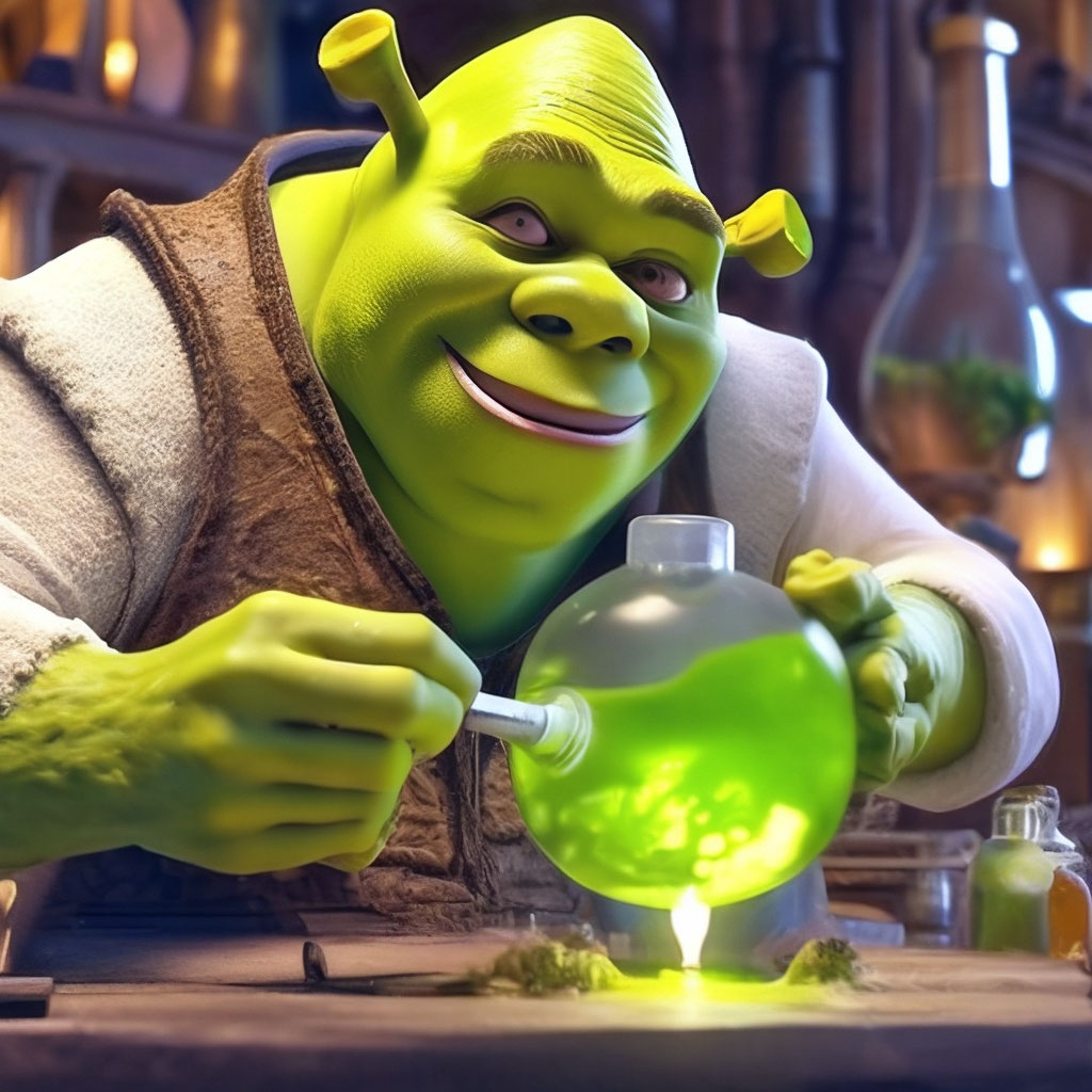 "Shrek the alchemist makes a potion of diarrhea, beautiful, realistic ...