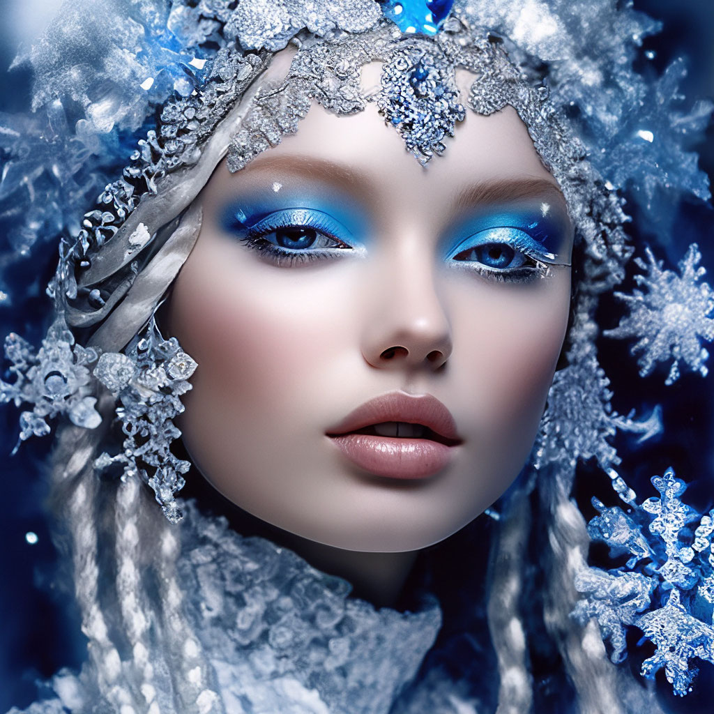 "Snowflake,eyelashes, jewelry,white curls, braid, wreath of ice ...