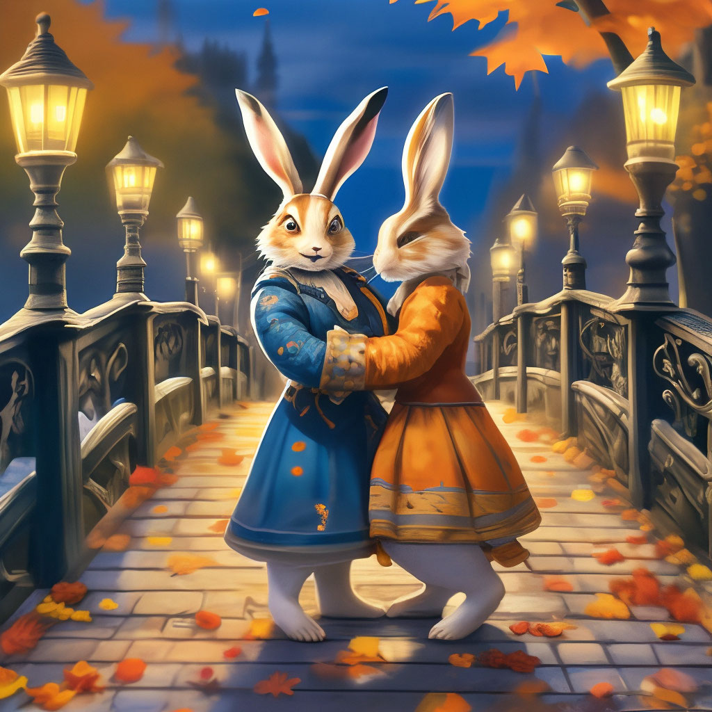 "An anthropomorphic hare and a hare in 18th century costumes are ...