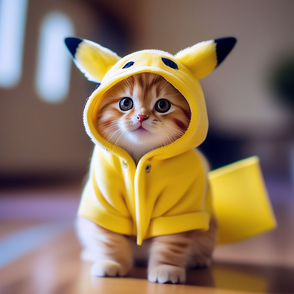 "Anthropomorphic fluffy kitten in a pikachu costume, yellow shade ...