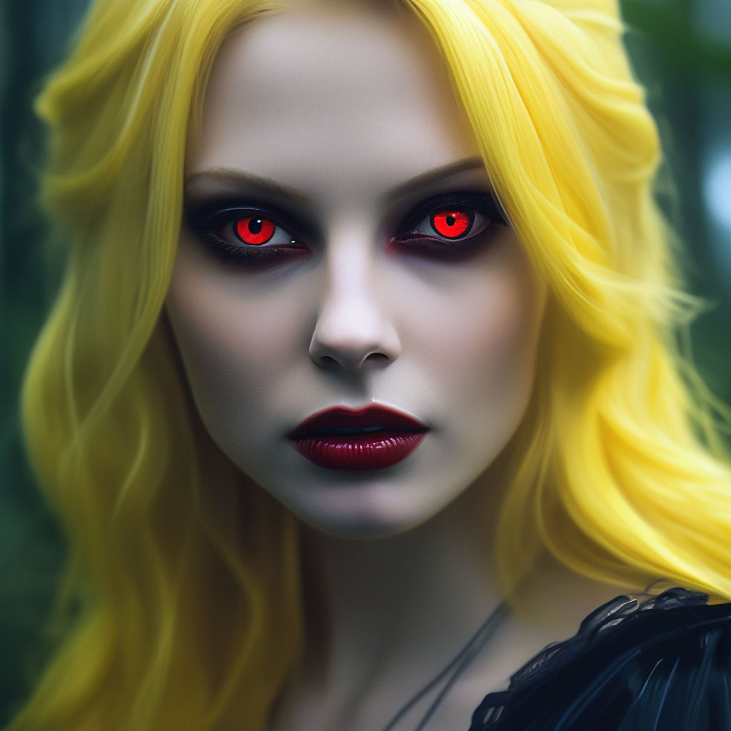 "Beautiful vampire girl with red eyes, yellow hair, realistic, high ...