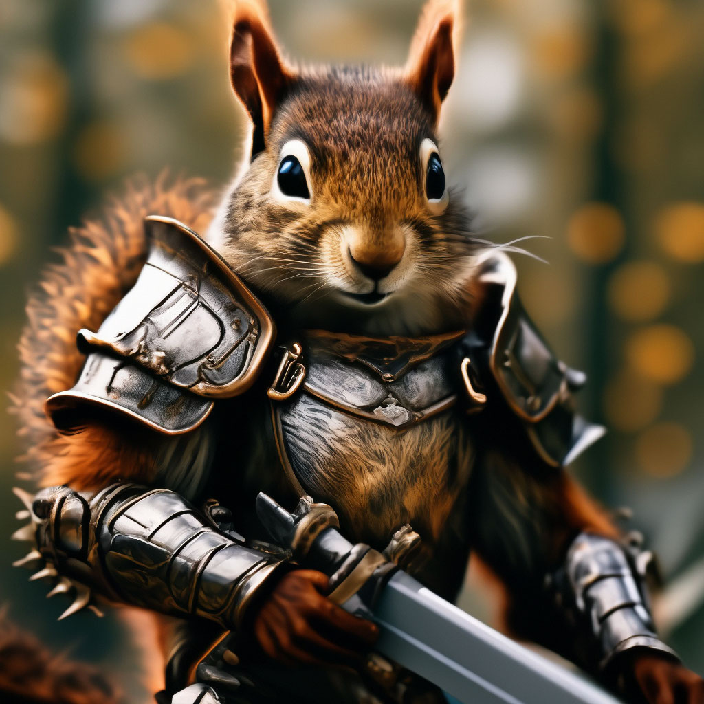 "An intelligent squirrel in armor and weapons, real" — image created in ...