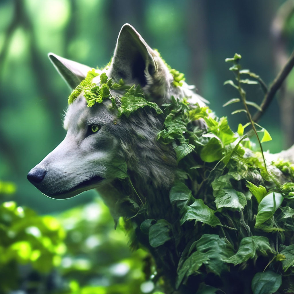 "Cute beautiful wolf made of vines and leaves in the middle of a green ...