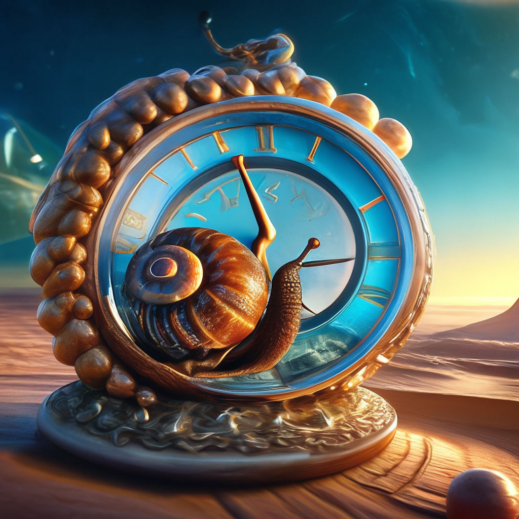 "A space snail crawls through the time portal of an hourglass, a ...